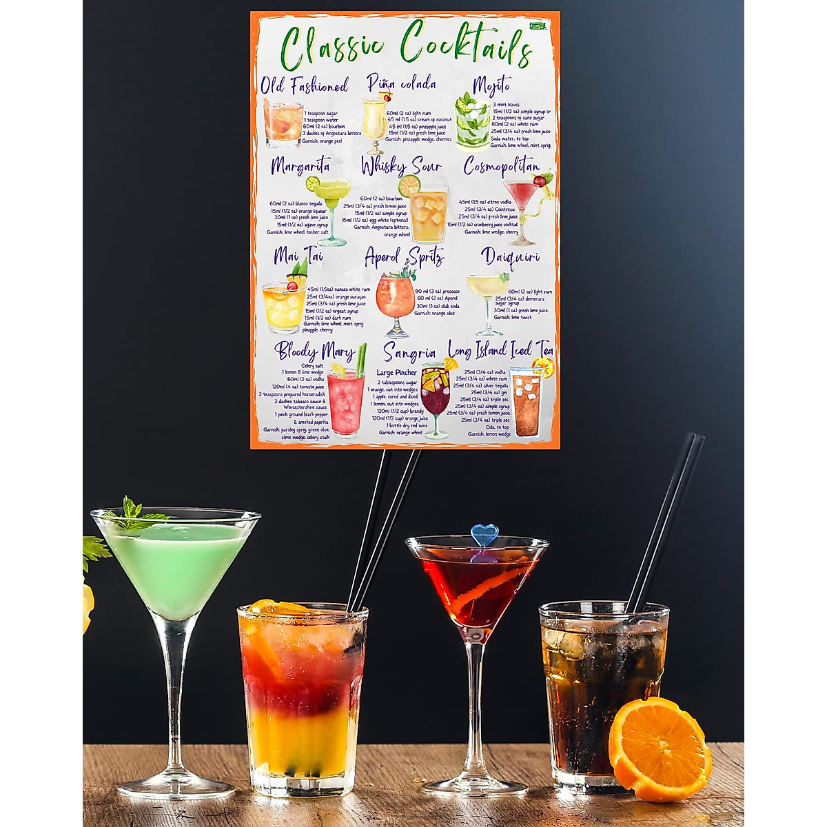 Classic Cocktails Recipes Magnetic Chart A4 format - Kitchen Pub Wall And Fridge Decor Stylish Colourful Informative Magnet Milliliters and Ounces Measurement Units