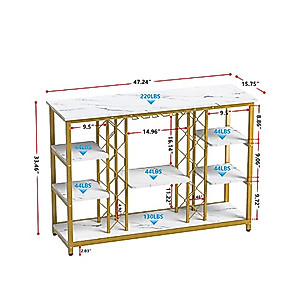 Teraves Modern Wine Rack Table, 47 Inch Wine Baker's Rack with Storage Shelves, 4 Tier Freestanding Wine Rack for Bar, Buffet, Home Kitchen Dining Room Living Room (White Marbling+ Gold Frame)