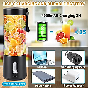 Portable Blender for Shakes and Smoothies HUIJUTCHEN USB Rechargeable Large Capacity Mini Blender Bottles with 6 High-speed Blades and Brush Personal Size Blender for Juice Fruit, 450ML, 4000mAh