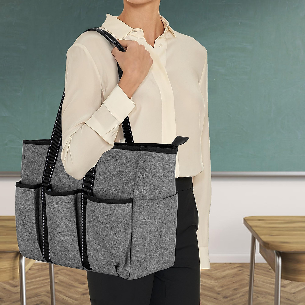 Damero Teacher Tote with Felt Insert Bag, Large Work Bag with 15.6 inch Laptop Compartment, Teacher Utility Tote for Office, Business, Travel, Gray