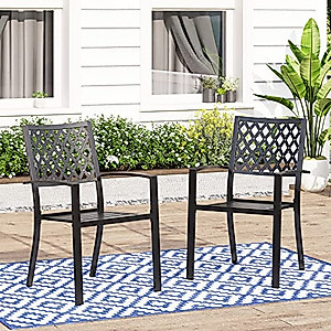 PHI VILLA Patio Dining Stackable Chairs, Outdoor Wrought Iron Furniture Set Bistro Chairs with Armrest,Black (Fishnet Pattern, 2 Set)