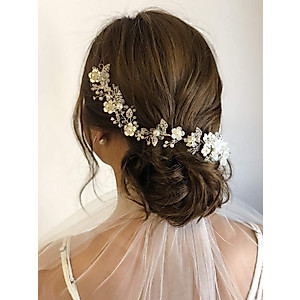 SWEETV Pearl Bridal Headband Sliver Wedding Headpieces for Bride, Crystal Flower Hair Accessories for Women Girls