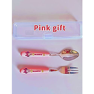 Meet Beauty Ding 1Set Stainless Steel Minnie Spoon Fork Set Pink Kid's Flatware with A Container Girl Children's Tableware Female Student's Cartoon Dinnerware Meal Tool（Made in China