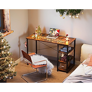 AODK Laptop Desk Small Desk, 40 Inch Computer Desk with Power Outlet and USB & Type-C Charging Port, Writing Desk with 3-Tier Reversible Storage Shelf for Home Office, 40'' x 16'', Rustic Brown