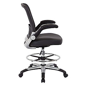 Office Star DC Series Mesh Back Drafting Chair with Adjustable Footring and Padded Flip Arms, Black Faux Leather Seat