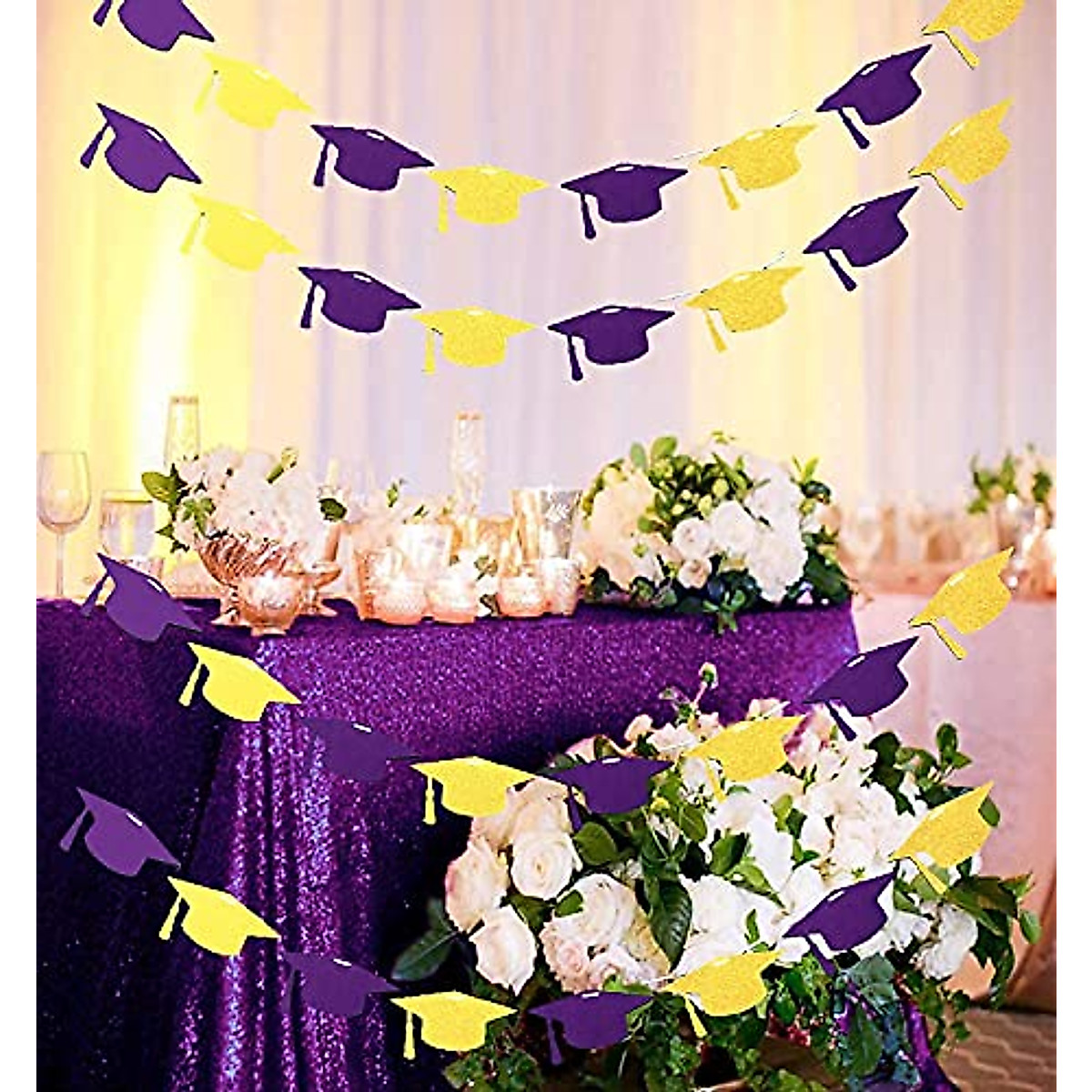 Graduation Party Decorations Purple Gold 2023 NYU Graduation Decorations 4pcs Graduation Hat Banner Garlands Glitter Purple Gold for 2023 Graduation Party Supplies