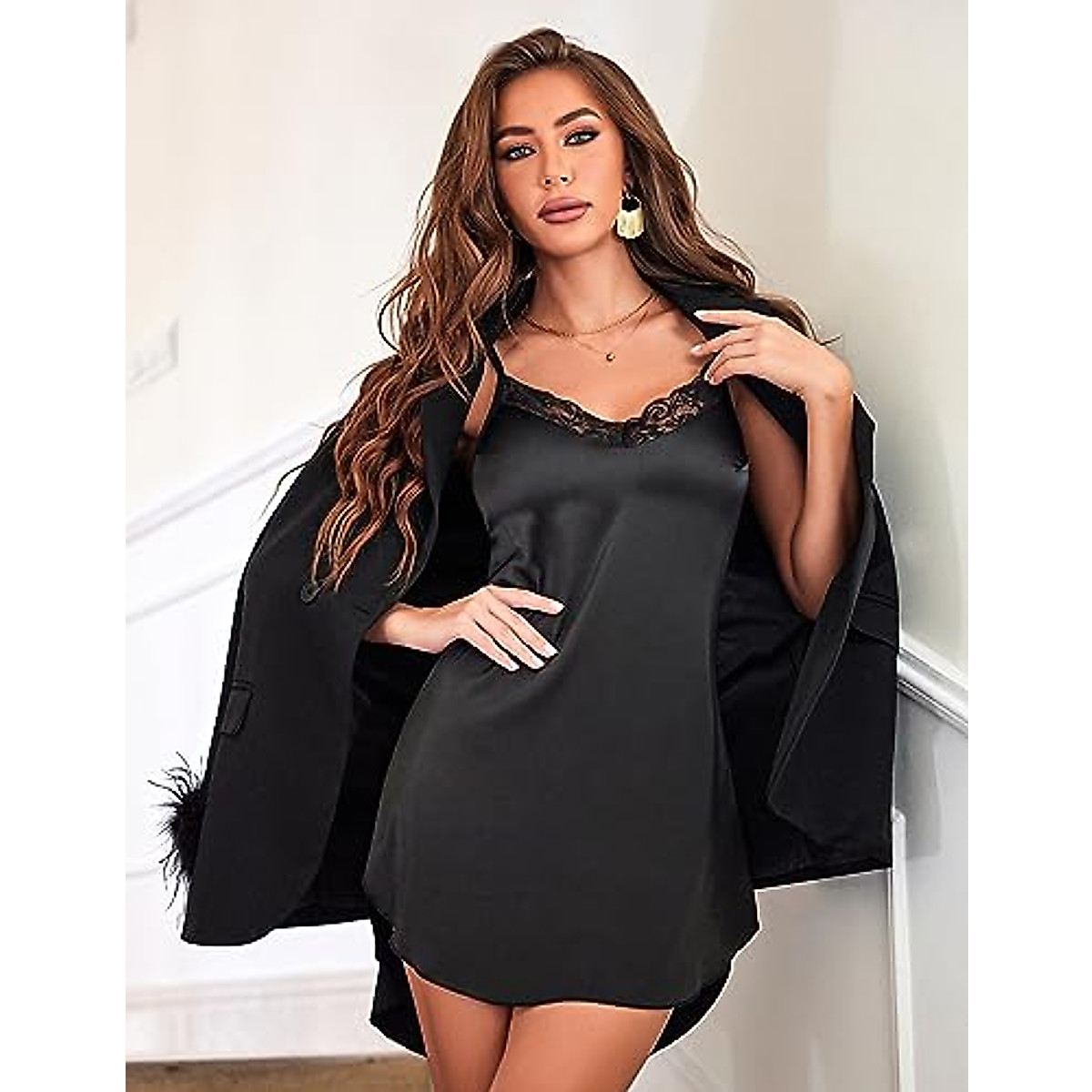 Avidlove Women's Nightwear Sexy Satin Sleepwear Lace Chemises Mini Full Slip