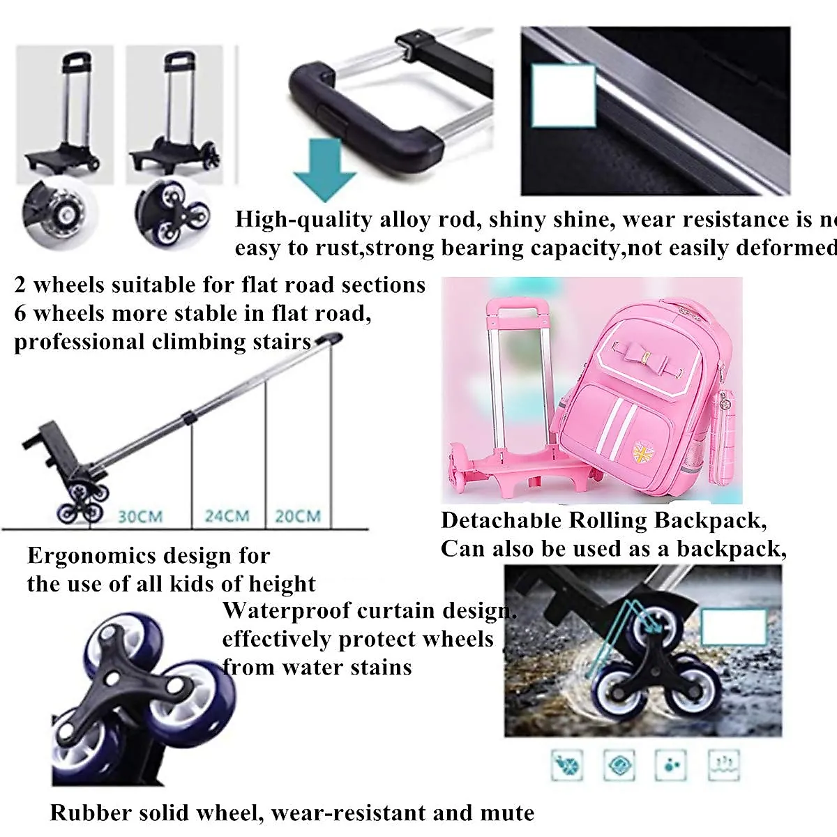 VIDOSCLA Bowknot Kids Girls Rolling Backpack Cute Carry-on Luggage with Wheels Trolly BookBag for School-6 Wheels