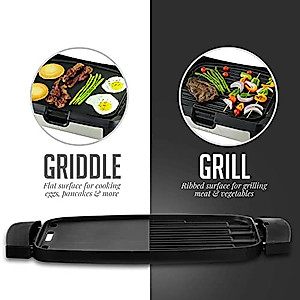 Ovente 2-in-1 Electric Grill and Griddle with Removable Tempered Glass Cover, 1700W Fast Heating Ceramic Non-Stick Plate Perfect for Indoor BBQ Cooking Breakfast, Pancake, Bacon and Egg, Black GR2001B