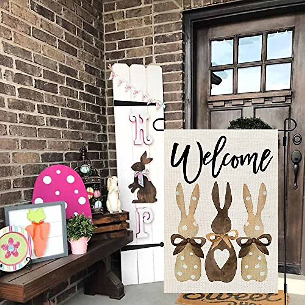 CROWNED BEAUTY Easter Bunnies Garden Flag 12x18 Inch Double Sided for Outside Burlap Small Polka Dots Brown Welcome Holiday Yard Flag CF718-12