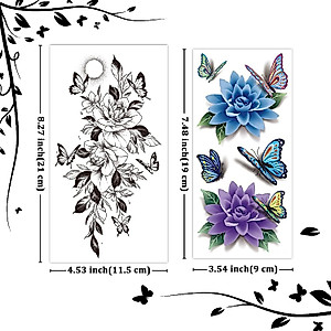 Cerlaza Temporary Tattoos for Women, Fake Flower Tattoos Stickers for Adults, Semi Permanent Half Sleeve Tattoo Body Leg Makeup Waterproof, Flower 3D Butterflies Tatuajes Temporales-12 Sheets