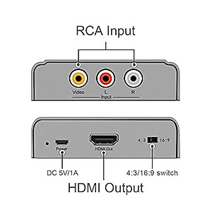 Dingsun RCA to HDMI Converter, V22B Mini RCA/ Composite/ CVBS/ AV to HDMI Video Audio Converter Adapter 1080P Supports 4:3/16:9 switche Compatible Xbox/ PS2/ WII/ SNES/ N64/ VHS/ VCR/ DVD ect.