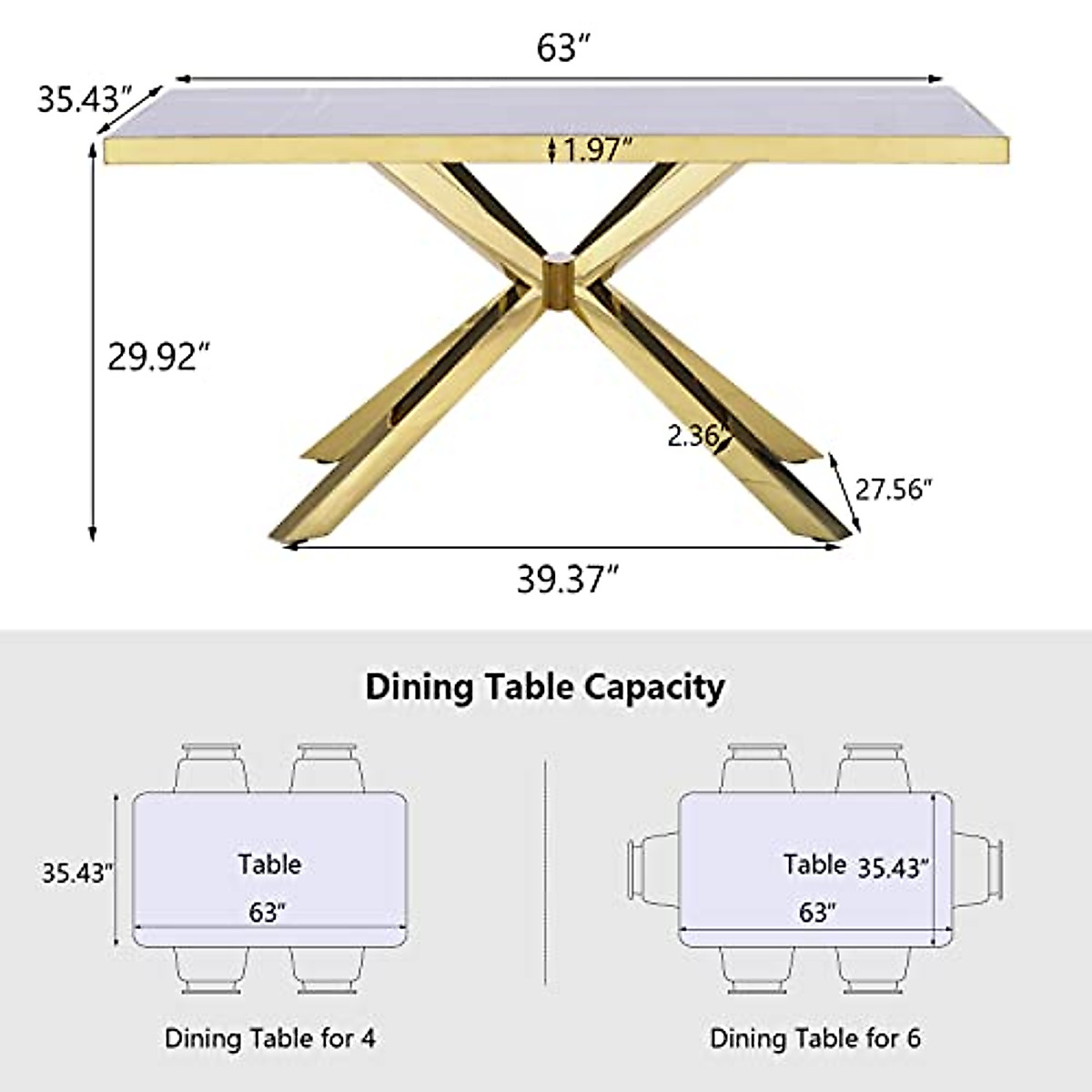 AZhome 63 inches Rectangular Dining Table, Modern Dining Room Table with Gold Stainless Steel Metal X-Base in Black Gold