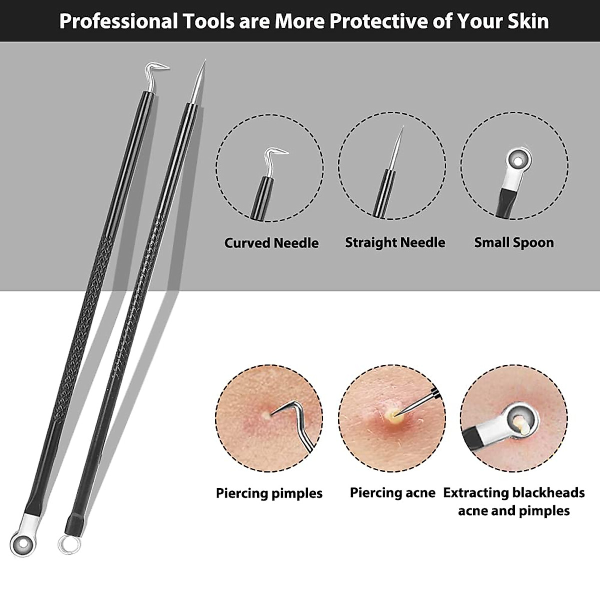 Glamne Blackhead Remover Pimple Popper Kit Acne Comedone Extractor Blemish Extraction Popping Tools (Black)