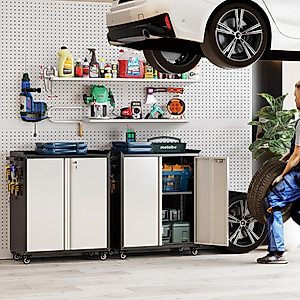 Aobabo 31.5" H Metal Storage Cabinet with Wheels, Locking Steel Rolling Tools Chest with Handle, Garage Tool Storage Cabinet with 1 Shelves 2 Side Pegboards and 4 Hooks,Assembly Required, Black Grey