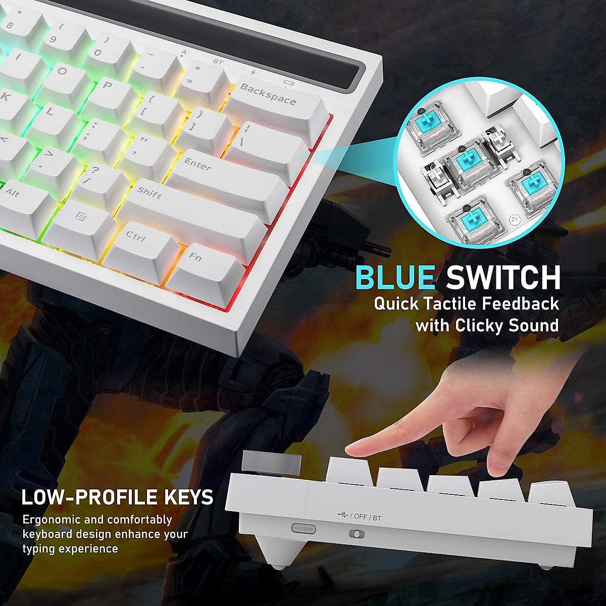 Bluetooth Mechanical Gaming Keyboard with 19 RGB Backlight Mini 61 Key Multimedia Knob Rechargeable 4400mAh Battery Type C Wired/Wireless for PC Mac Mobile Phone Gamer Typist (White/Blue Switch)