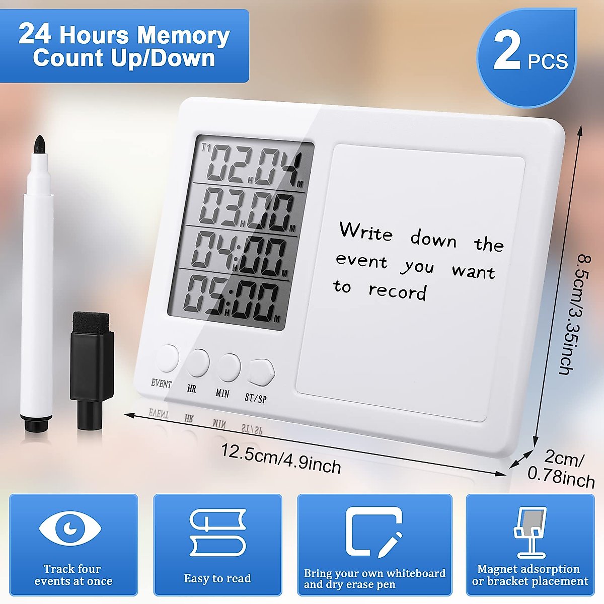 2 Pcs Timer Digital Kitchen Timer Four Event Kitchen Timer Multi Timer with Whiteboard Function Smart Timer for Cooking Classroom Learning Task Project