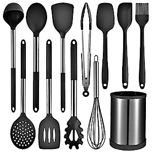 Keidason Kitchen Cooking Utensils Set, 12-piece Non-stick Silicone Kitchen Utensils Set Heat-resistant Stainless Steel Handle,BPA-Free, Kitchen Tool Set (Black)