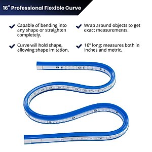 Pacific Arc Flexible Curve Graduated 16 Inch Ruler with Inking Edge, for Drawing, Pattern Making, Engineering, Stencil Making, Saddle Fitting