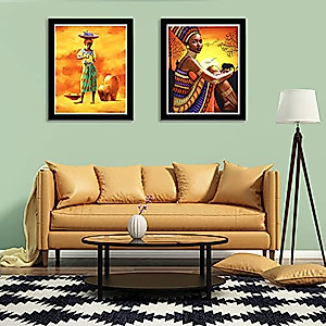 Outus 6 Pieces African Wall Art Painting Ethnic Ancient Retro Canvas Picture Black Woman Ethnic Ancient Theme Diamond Girl for Home Bedroom Bathroom Wall Decor, Unframed