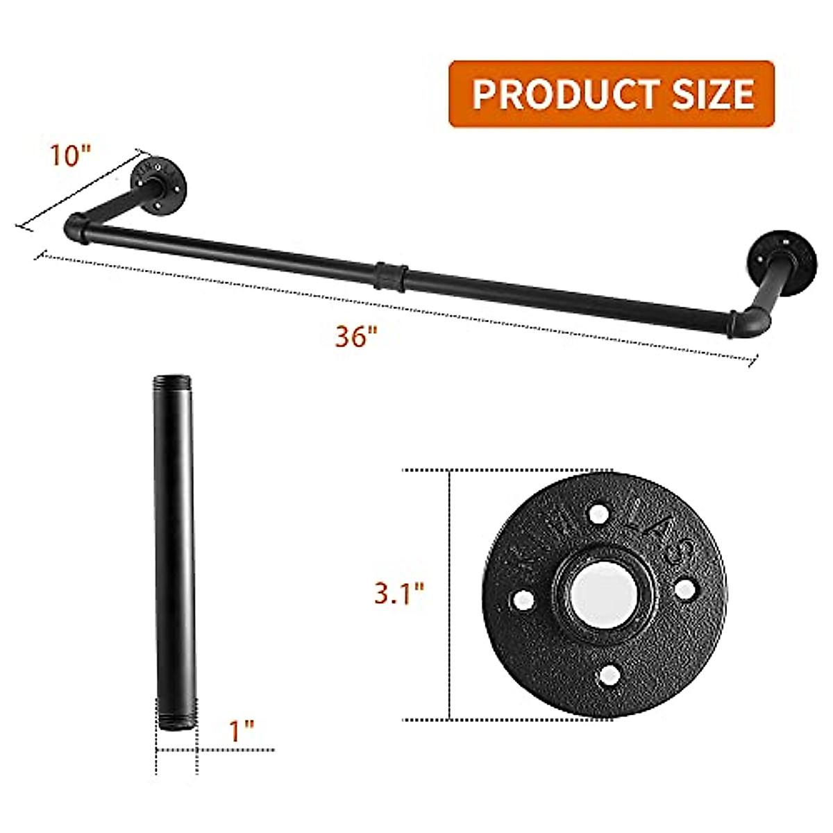 Eledom Industrial Pipe Clothing Rack 36 Inch, Wall Mounted Clothes Rack, Hanging Clothes Rods for Closet and Laundry Room, Multi-Purpose Heavy Duty Garment Bar (1 Pack)