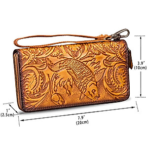 Genuine Leather Wallet Women's Zip Around Wristlet Long Purse Vintage Embossing Cowhide Capacity Handmade Clutch (Brown)