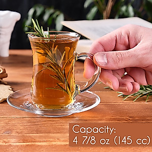 Volarium Small Turkish Tea Set 12 Piece Modern Turkish Tea Glasses & Saucers Set, 6 PCs 4.9 oz (145 cc) Clear Glass Tea Cups with Handle and 6PCs Glass Saucers