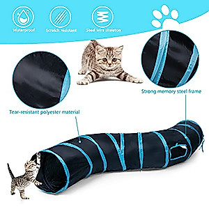 Sheldamy Cat Tunnel, S-2-Way Cat Tunnels for Indoor Cats, Collapsible Cat Play Tunnel, Interactive Toy Maze Cat House with 1 Play Ball for Cats, Puppy, Kitty, Kitten, Rabbit (Blue & Black)