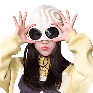 Belsen Unisex Goggle Knitted Beanie Hat Windproof Warm Winter Skull Cap (Beige)