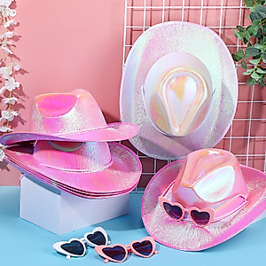 Leumoi 14 Pcs Holographic Bridal Cowgirl Party Set Heart Glasses Bride Cowboy Hats for Bachelorette Party Wedding (White, Pink)