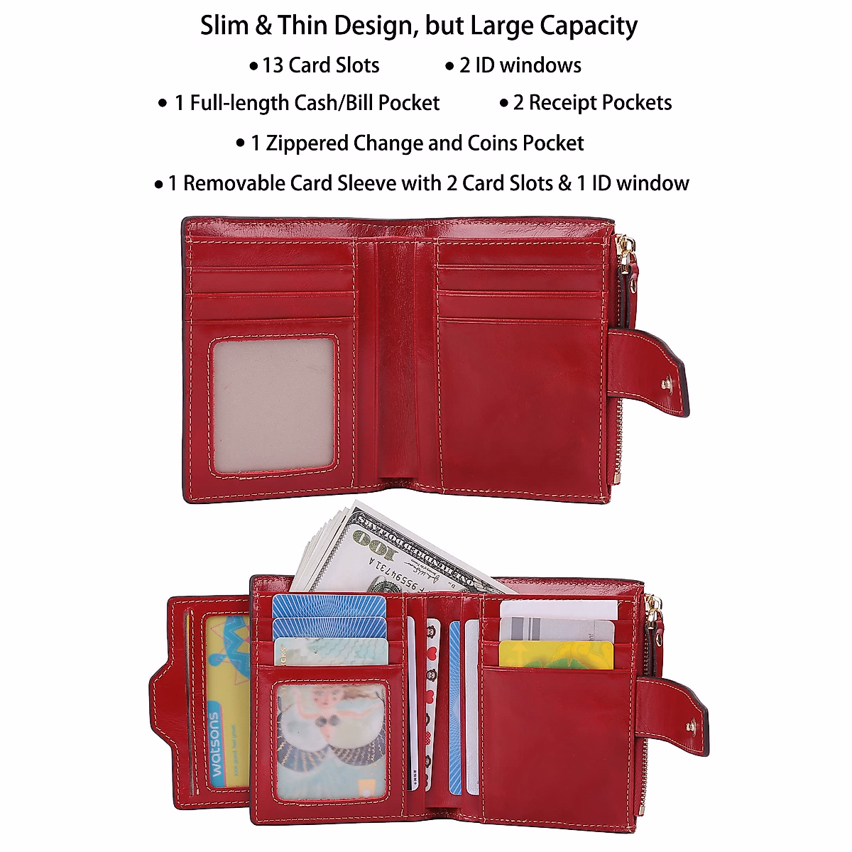 AINIMOER Women's RFID Blocking Leather Small Compact Bi-fold Zipper Pocket Wallet Card Case Purse with id Window (Waxed Red)