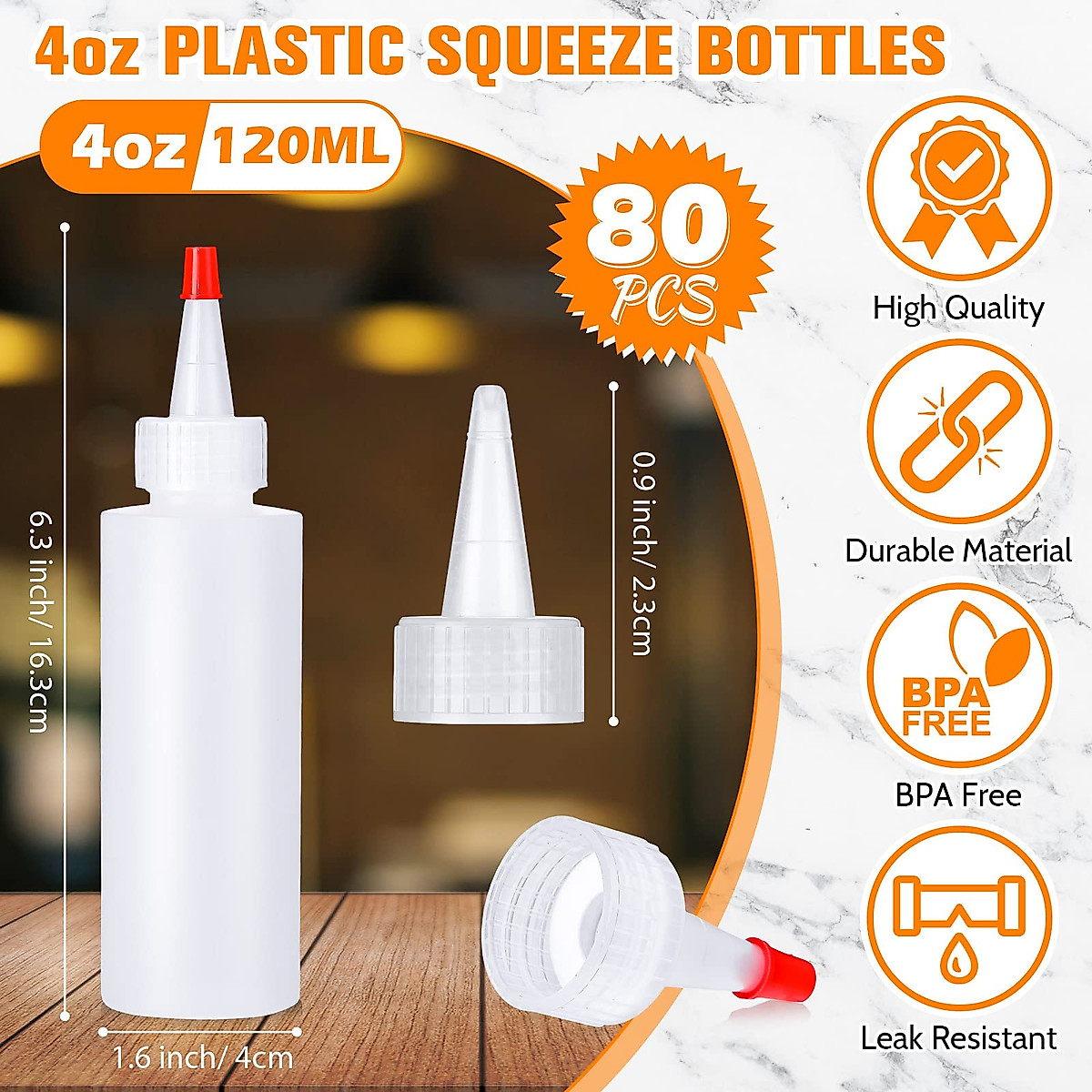 Nuenen 80 Pieces 4 oz Squeeze Bottle with Cap Squeeze Condiment Bottles for Sauces Ketchup Liquids Paint Clear Empty Refillable Plastic Squirt Bottles with Red Tip Cap