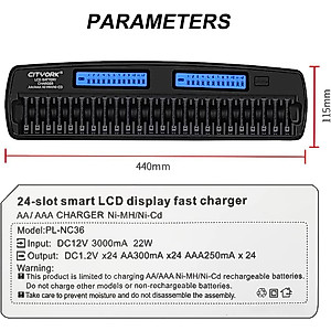 CITYORK 24 Bays Large Smart Battery Charger LCD Display Quick for 1.2V AA/AAA NiMH/NiCd Rechargeable Batteries with Built-in IC Protection & AC Wall Adapter
