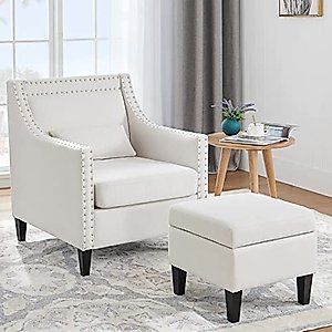 kinmars Accent Chair with Ottoman Comfy Upholstered Living Room Chair Bedroom Chair for Room Reading Chair Mid Century Modern Arm Chair and Storage Ottoman Set (Beige) F0804