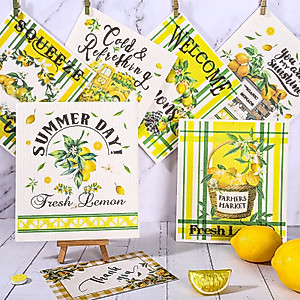 AnyDesign 6Pcs Lemon Swedish Kitchen Dishcloths Summer Fresh Lemons Dish Towels Yellow Lemon Pattern Cotton Absorbent Cleaning Cloth for Summer Holiday Home Party Housewarming, 6.7 x 7.7 Inch