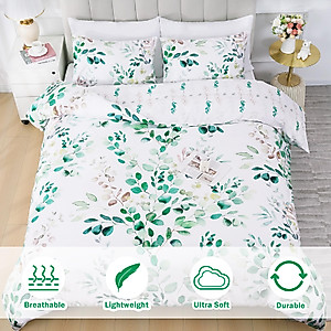 Likiyol Duvet Cover Queen Size- Green Eucalyptus Leaves Plant Bedding Sets with Zipper Closure & Corner Ties, Soft Breathable Microfiber Comforter Cover 3Pcs(1 Duvet Cover 90''x90''+2 Pillowcases)