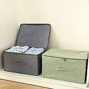 Everfunny Storage Bins with Zipper Lid Storage Boxes with Handles PP Plastic Board Foldable Lidded Cotton Linen Fabric Home Cube Baskets Closet Clothes Toys Organizer Container-Green, Large
