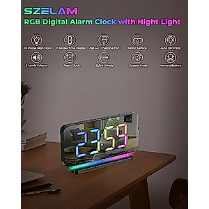 SZELAM Alarm Clock for Heavy Sleepers Adults,7.4” Digital Clocks Large Display,with USB C Port,RGB Night Light,5 Levels Volume,Auto Dimmer,LED Desk Clock for Bedroom Decor - Black