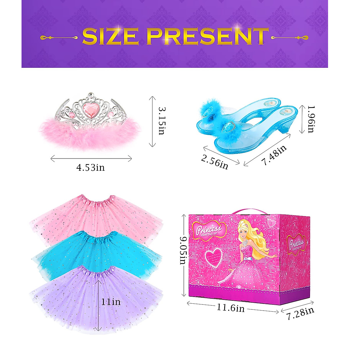 Princess Dress Up Shoes Princess Dresses for Girls, BIBUTY Dress Up Clothes Pretend Play Costumes-3 Sets of Princess Shoes, Dresses and Crowns, Princess Accessory Toys for 3-6 yr Girl Birthday Gifts