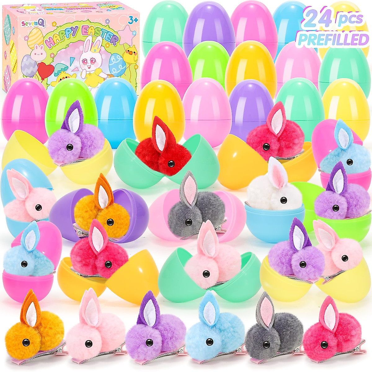 SevenQ Easter Eggs Fillers with Bunny Hair Clips Colorful 24 Pack, Easter Basket Stuffers Party Favors Gift Bags for Kids Cute Stuff Plush Fidget Toys Classroom Treasure Box Egg Hunt Games Supplies