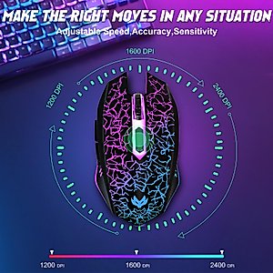 LuLabboard Wireless Gaming Mouse, Rechargeable Wireless Computer Mouse, 7-Color LED Light, Ergonomic Mouse with 6 Silent Click Buttons, 3 Adjustable 2400 DPI Wireless Mouse for Laptop,PC,Mac, Black
