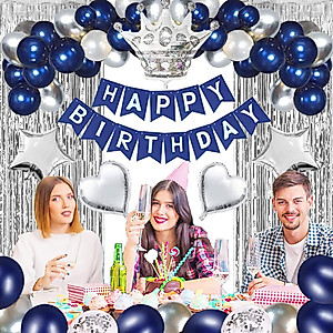 Navy Blue Silver Happy Birthday Party Decorations Set for Men Boys Women Girls, Banner, Crown Balloon, Fringe Curtains, Cake Topper for 13th 16th 18th 21st 25th 30th 40th 50th 60th 70th Party Supplies