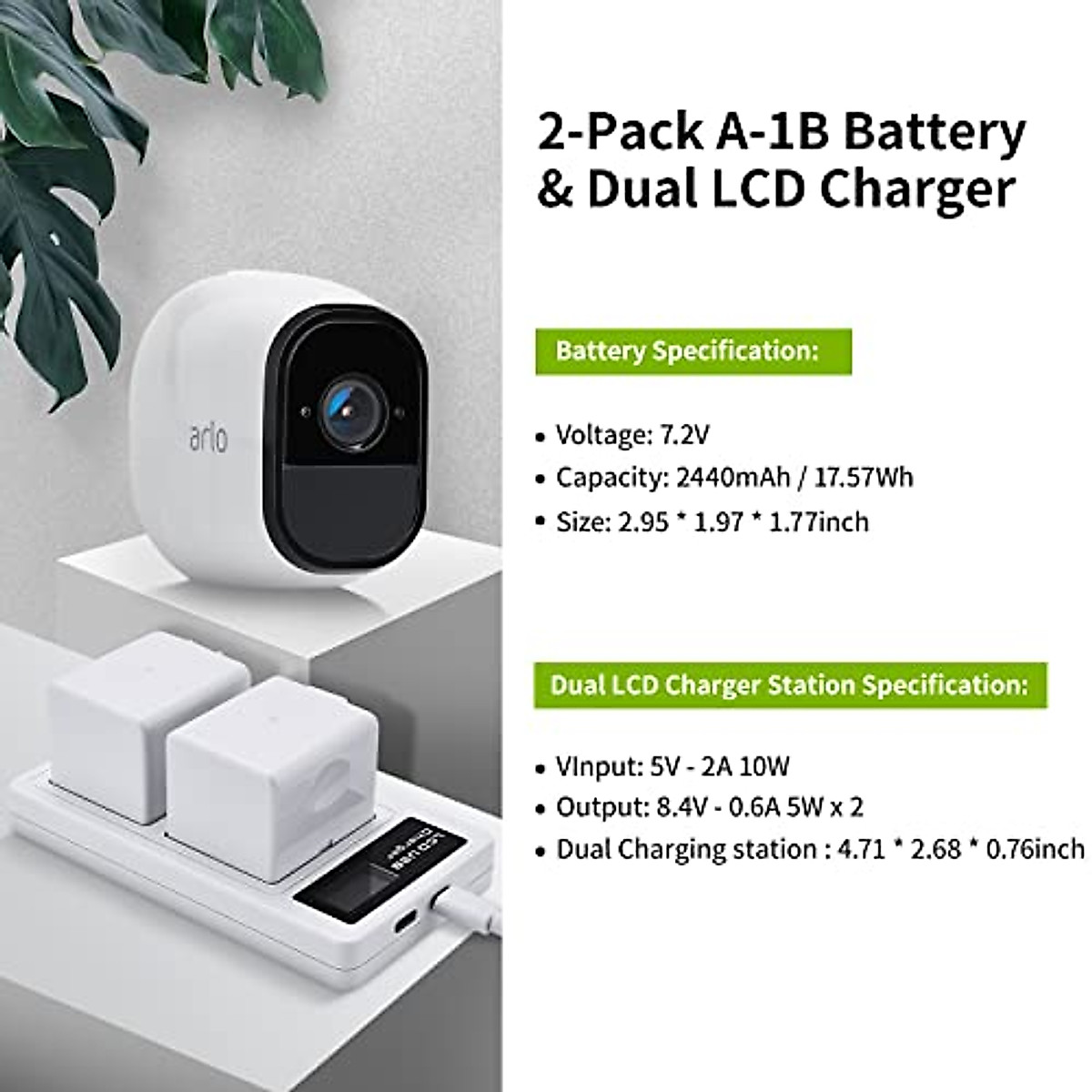 Eeyrnduy Battery for arlo Pro,Pro 2 Camera Replacement for VMA4400,Dual Channel Charging Station and 2- Pack 2440mAh Rechargeable Batteries 7.2V/17.57Wh