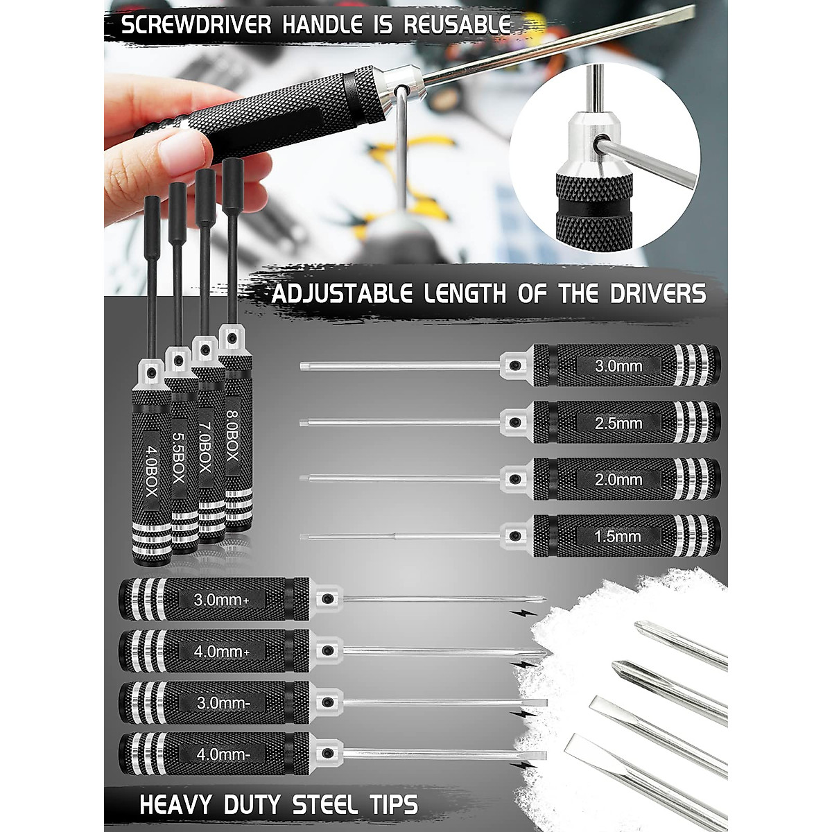 OGRC Tool Kit - Screwdriver Set (Flat, Phillips, Hex) RC Work Stand, 522PCS Screw Kit, Pliers Set, Body Reamer, Wrench, Tray, Repair Tools for RC Car Boat Quadcopter Helicopter – 26pcs (Black)