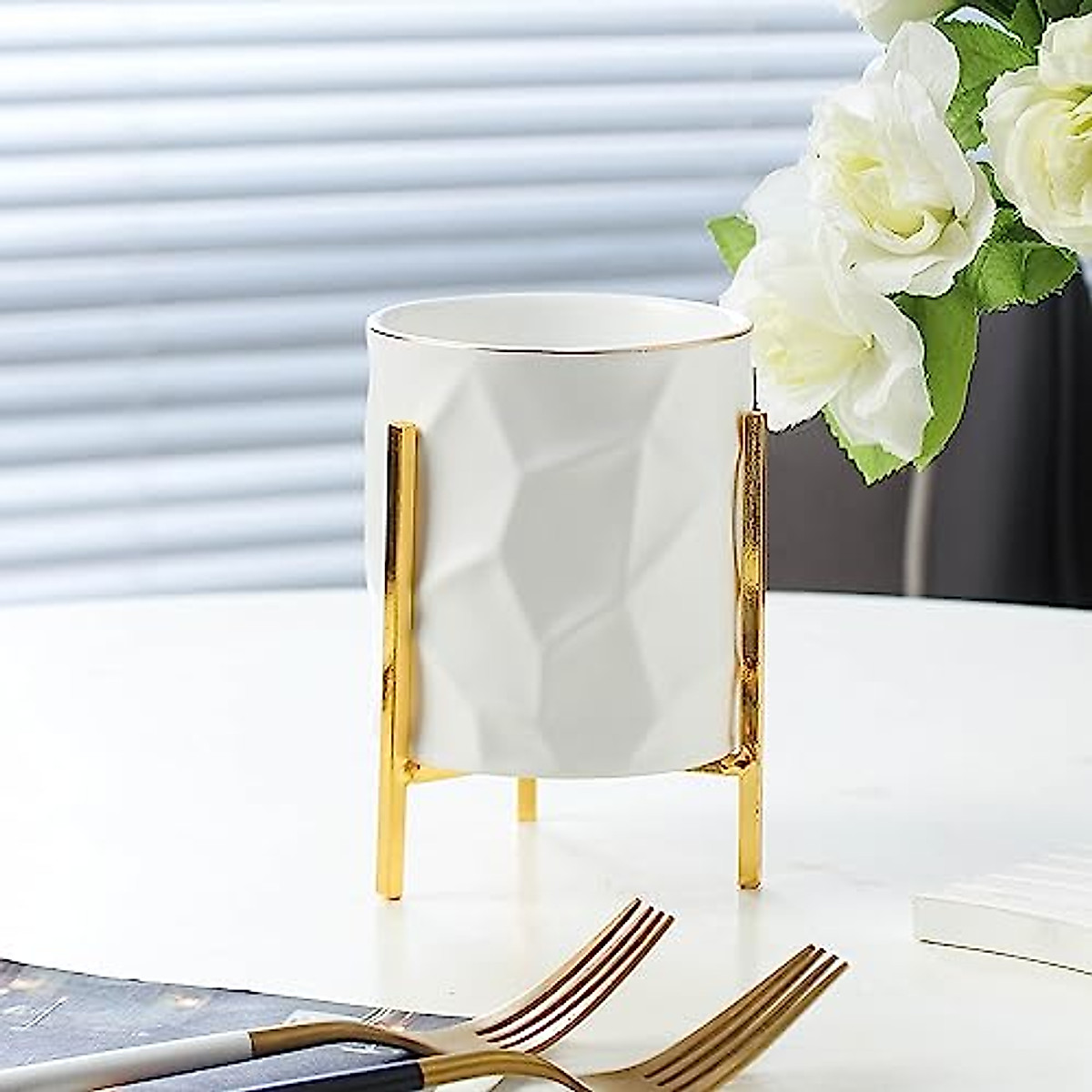 YOSCO Kitchen Utensil Holder,Ceramic Silverware Holder,Flatware Organizers with Golden Metal Frame for Home, Kitchen,Restaurant,Countertop (White)