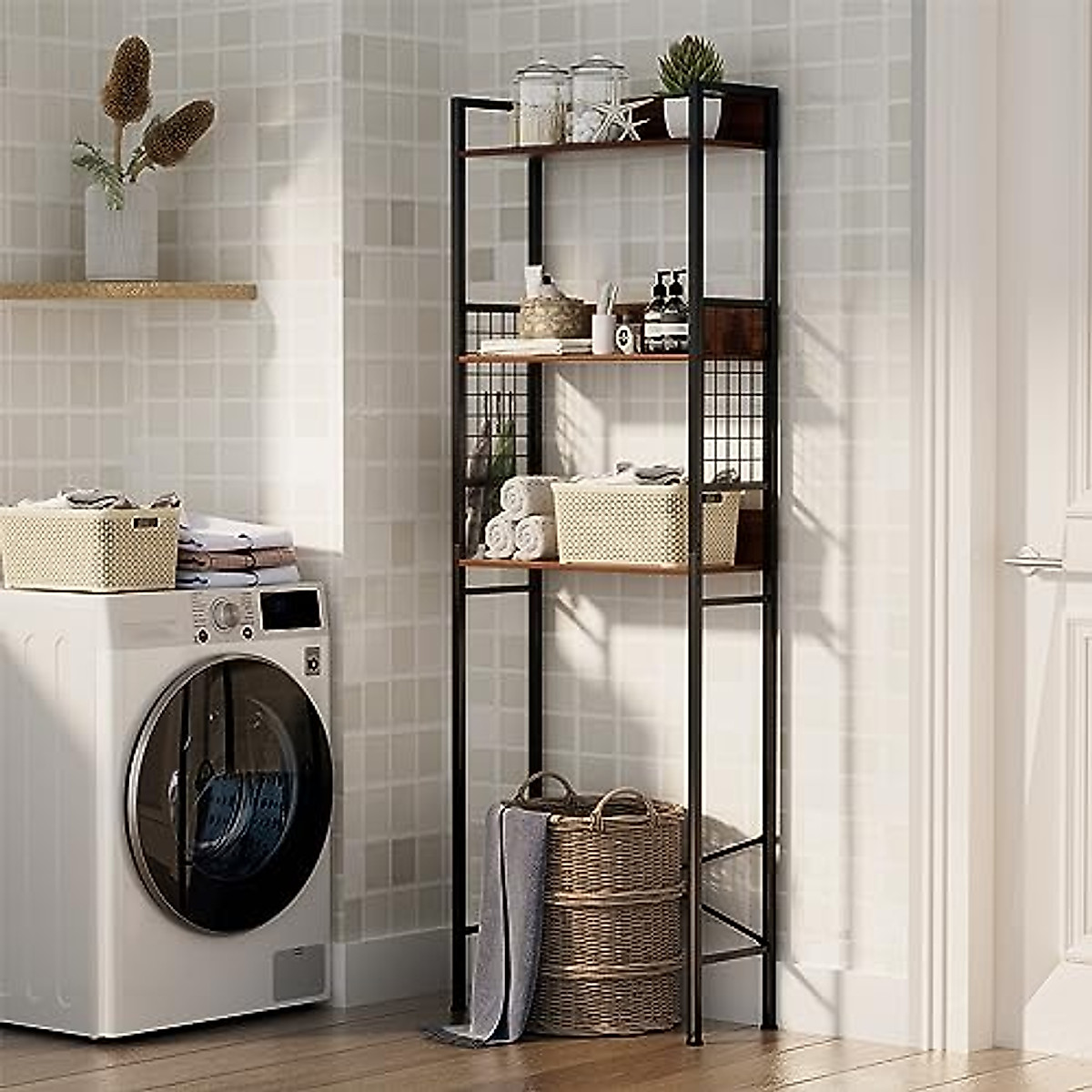 Giantex Over-The-Toilet Storage Shelf, 3-Tier Bathroom Space Saver with 3 Hooks, Industrial Tower Rack for Restroom, Kitchen, Freestanding Bathroom Organizer (Rustic Brown)