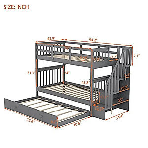 Twin Over Twin Bunk Bed with Trundle and Stairs, Solid Wood Bunk Beds Frame with Storage for Kids, Teens, Adults, Bedroom, Dorm. No Box Spring Needed (Gray)