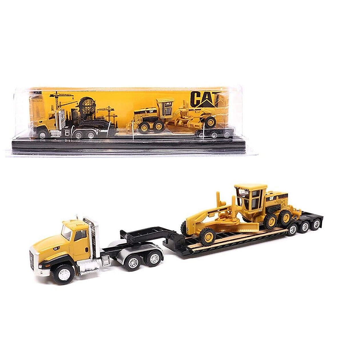 Diecast Masters CT660 Day Cab Tractor Yellow with Lowboy Trailer and 163H Motor Grader Yellow 1/87 (HO) Diecast Model 84414
