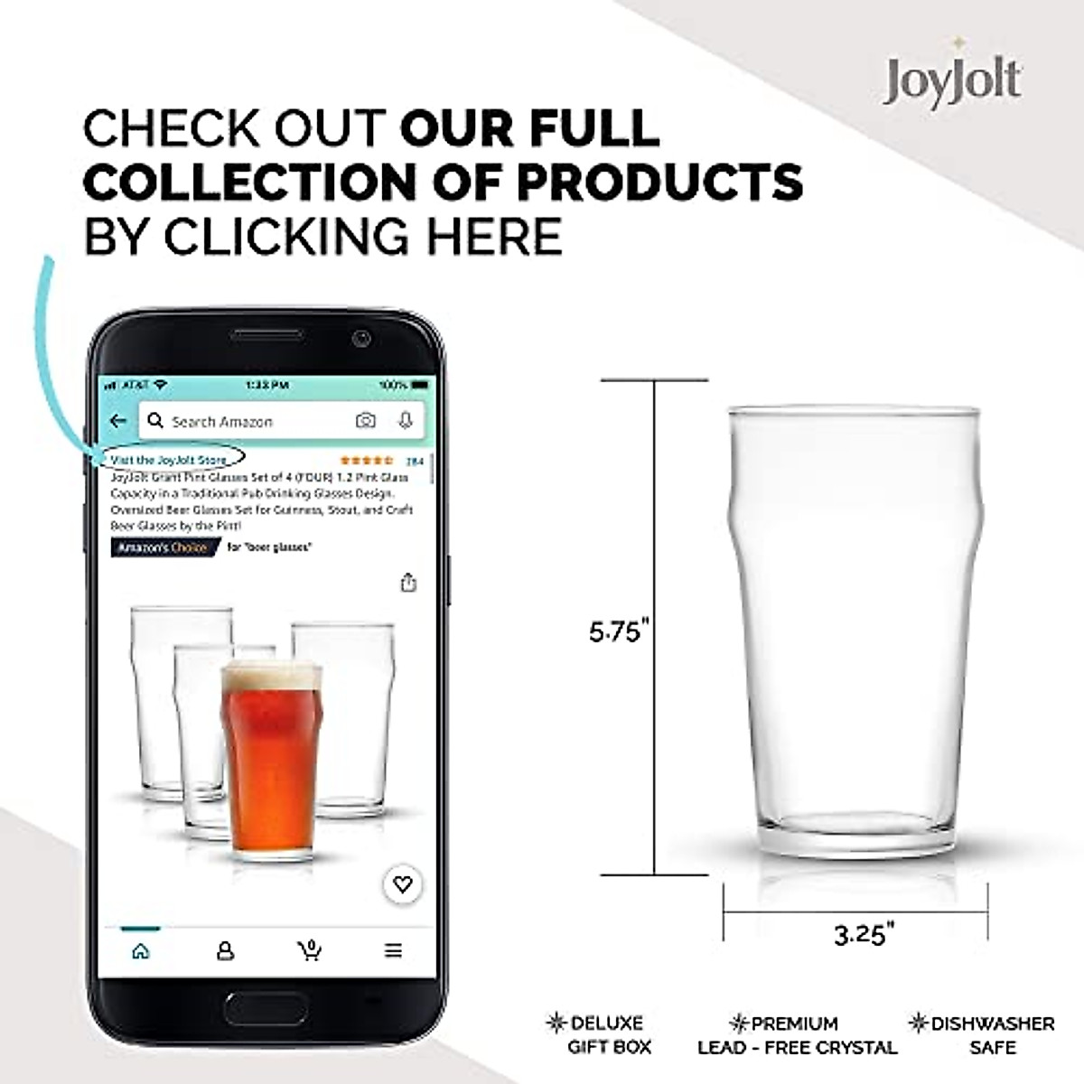 JoyJolt Grant 19oz Beer Pint Glasses Set of 4. Large Beer Pint Glass Capacity in a Traditional Pub Drinking Glasses Design. Oversized Beer Glasses Set for Guinness, Stout, and Big Craft Beer Glasses