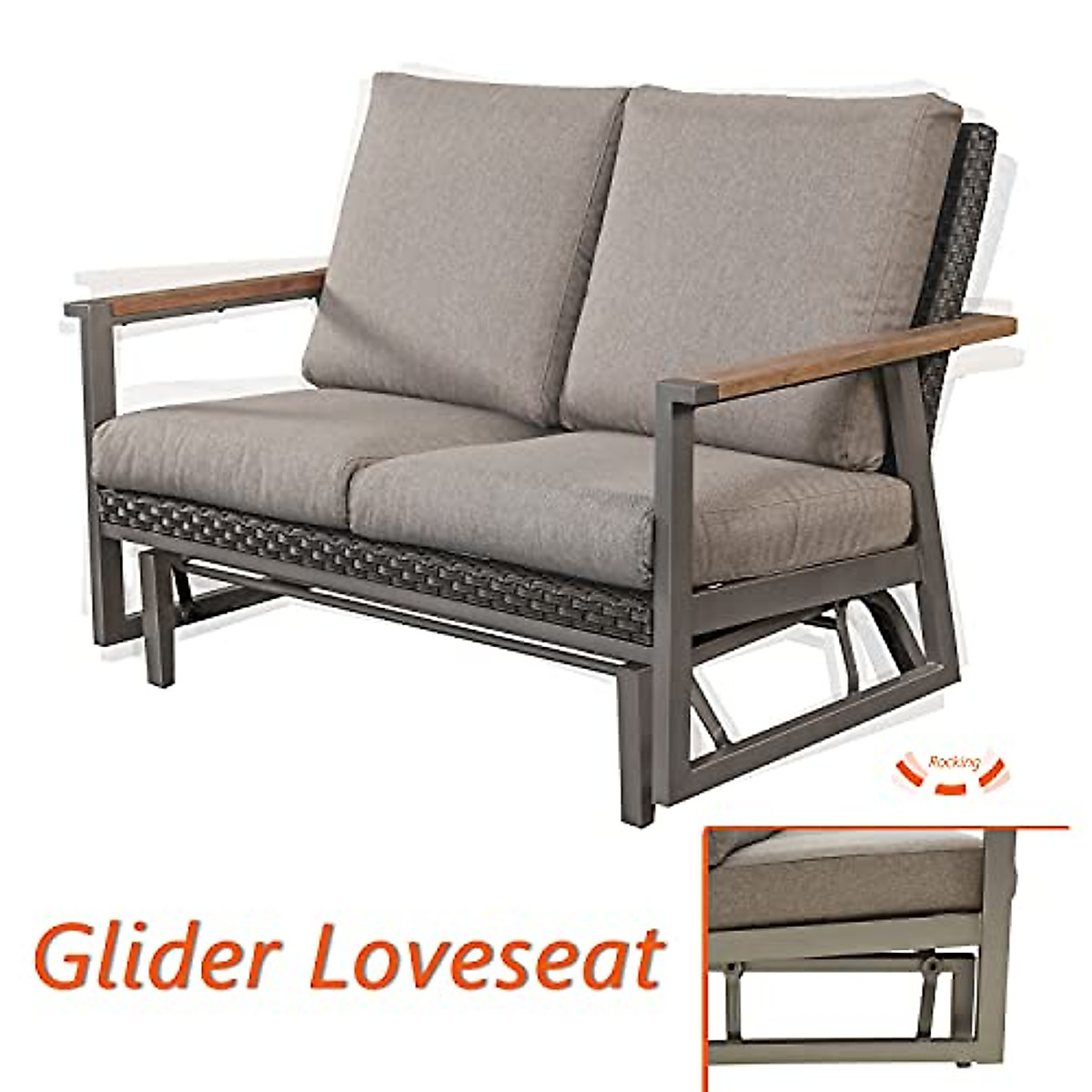 LOKATSE HOME Patio Glider Rocking Chair Outdoor 2 Person Bench Metal Swing Loveseat with Faux Wood Armrest, Wicker Backrest and Thick Cushion, Grey
